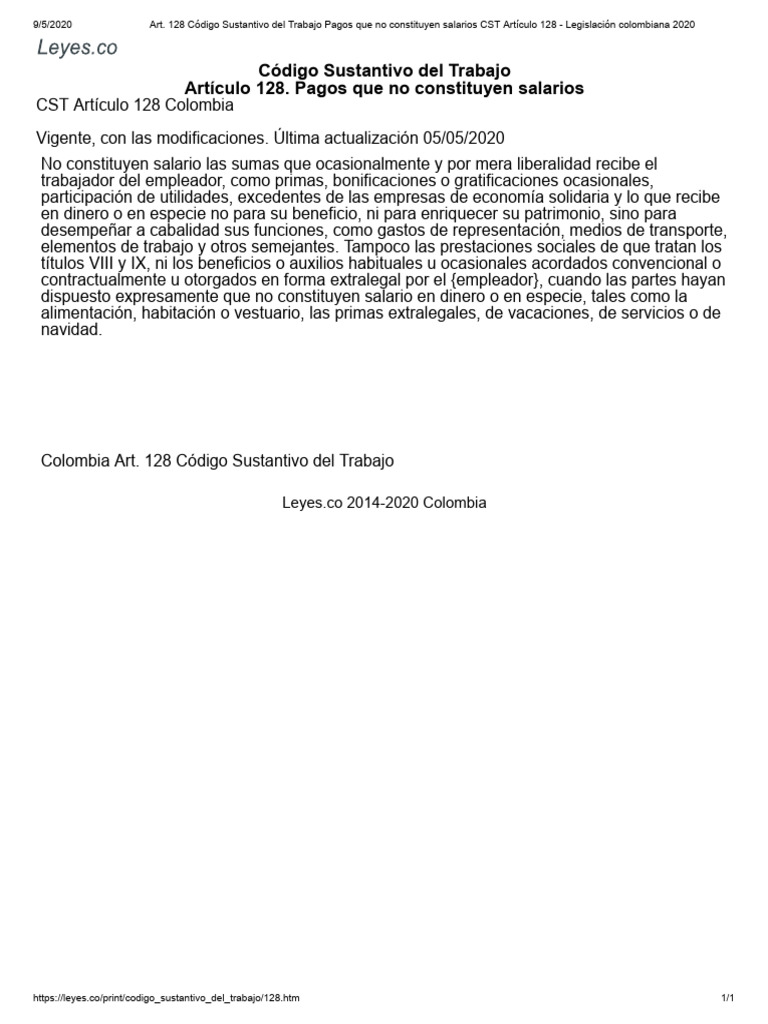 Art. 128 Código Sustantivo Del Trabajo Pagos Que No Constituyen Salarios CST Artículo 128 ...