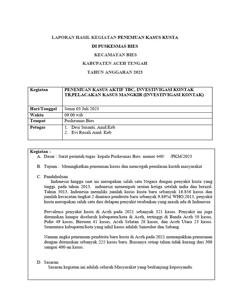 Laporan Hasil Kegiatan Penemuan Kasus Kusta | PDF | Ilmu Sosial | Kesehatan Holistik