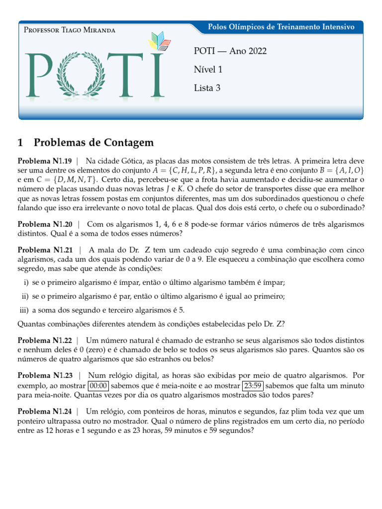 2022 Nível 1 Lista 03 Problemas de Contagens v01 Solucoes | PDF