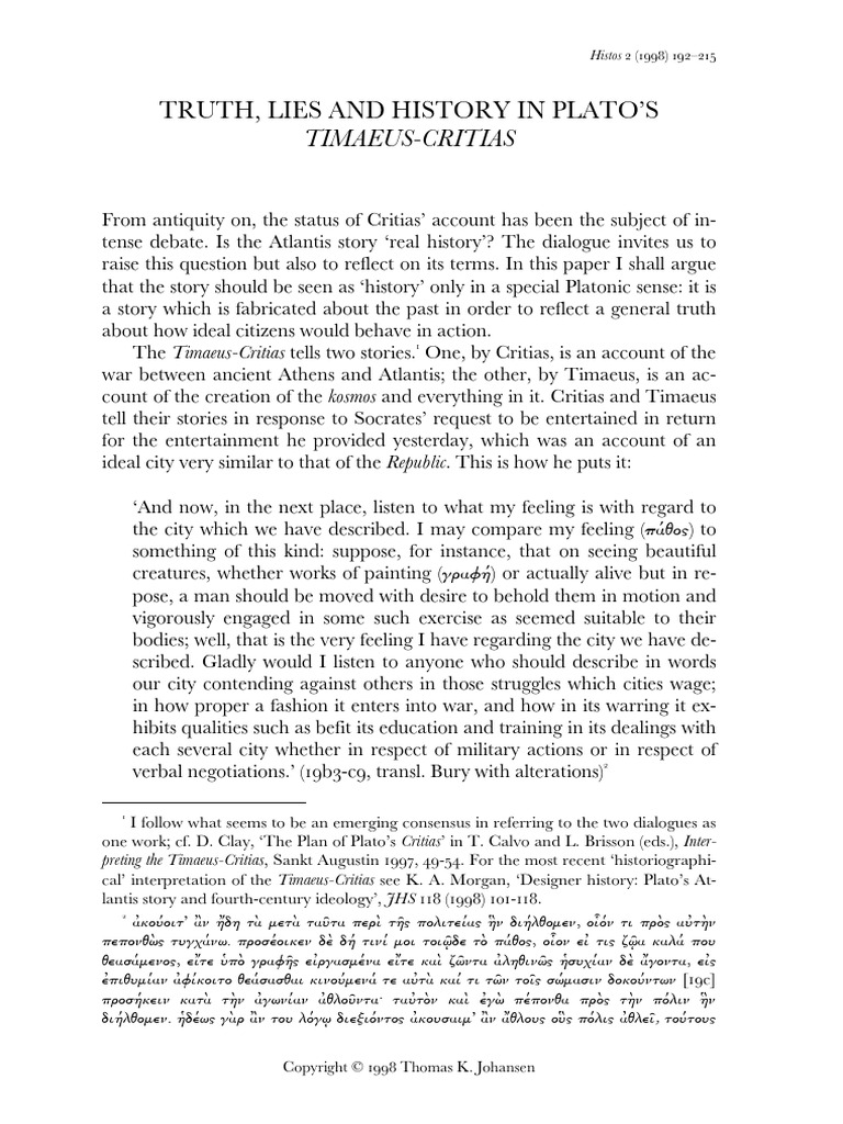 Dokumen - Tips - Truth Lies and History in Platos Timaeus Critias - 2 | PDF
