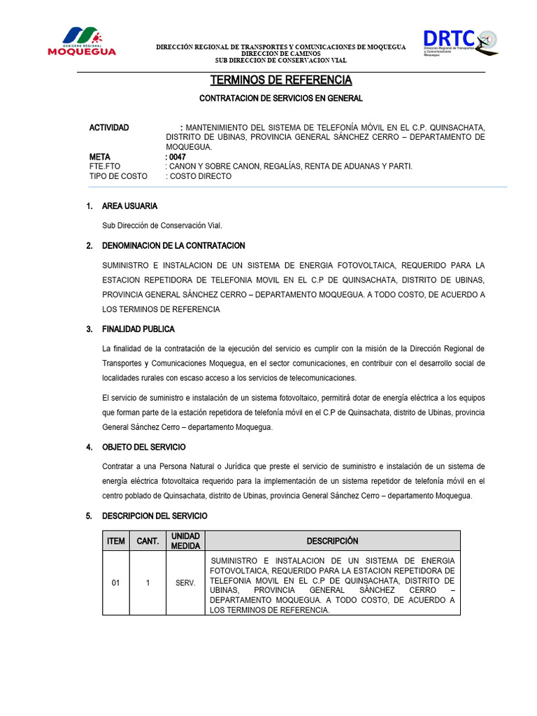 TERMINOS DE REFERENCIA SISTEMA DE ENERGIA SOLAR | PDF | Inversor de ...