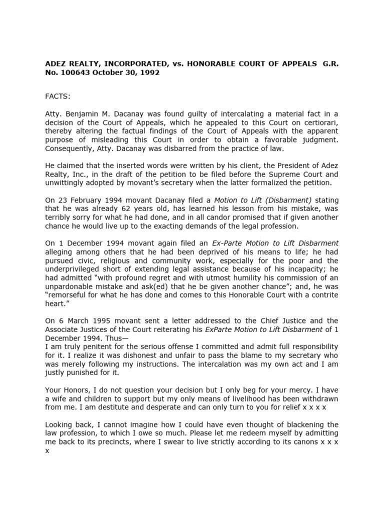 ADEZ REALTY Vs CA | PDF | Practice Of Law | Disbarment