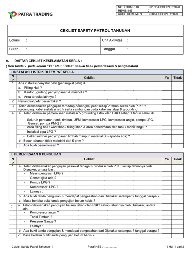 F-013D - Checklist Safety Patrol Tahunan | PDF