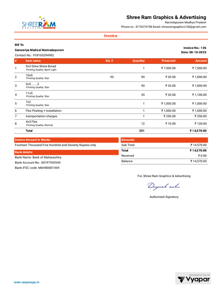 Shree Ram Graphics & Advertising: Invoice | PDF