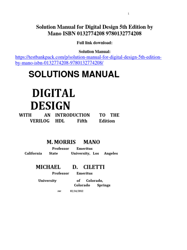 Solution Manual For Digital Design 5th Edition by Mano ISBN 0132774208 ...
