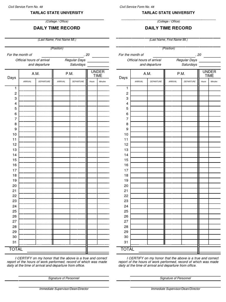 Civil Service Form No. 48: Daily Time Record | PDF