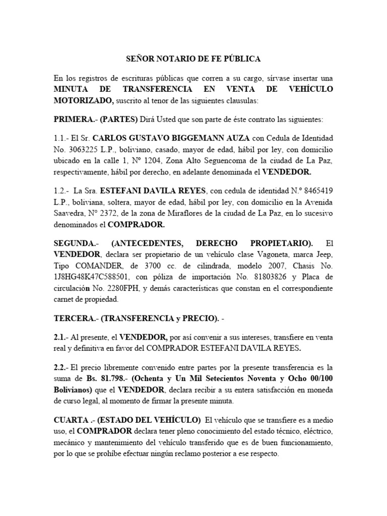 Minuta de Traspaso de Vehículo | PDF | Política