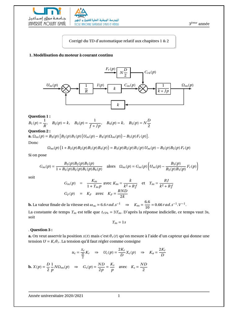 TD Chapitre1 2 Corrige | PDF | Électrotechnique | Théorie du contrôle