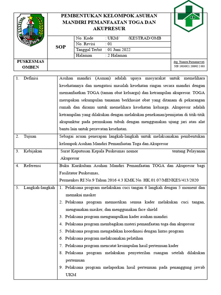 Sop Pembentukan Kelompok Asuhan Mandiri Pemanfaatan Toga Dan Akupresur ...
