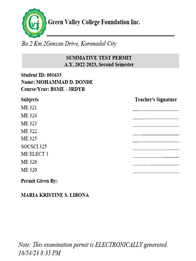 Exam Permit 2023 | PDF
