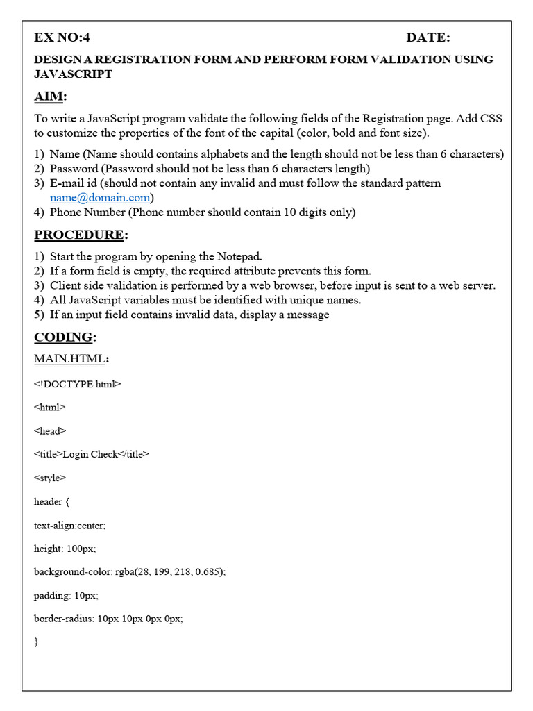 Ex No:4 Date:: Design A Registration Form and Perform Form Validation Using Javascript | PDF ...