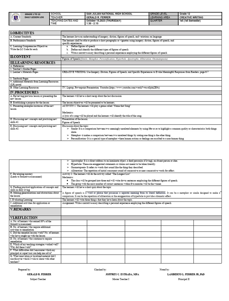 DLL Cot Creative Writing | PDF | Metaphor | Learning