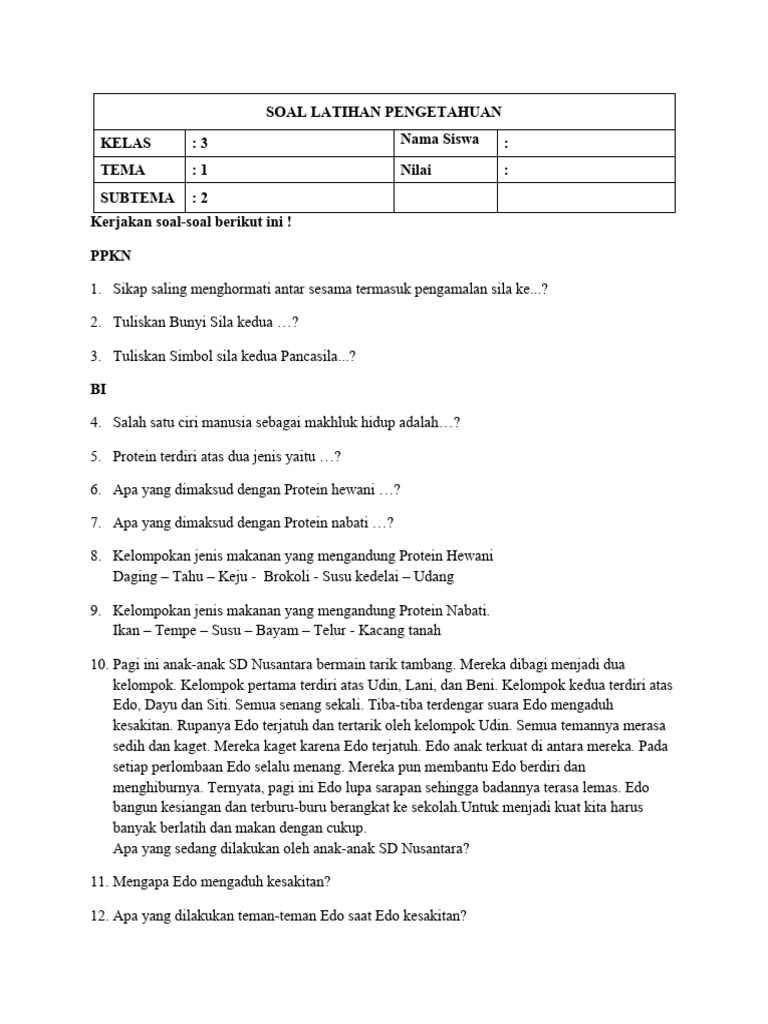 SOAL LATIHAN PENGETAHUAN TEMA 1 SUB 2 KELAS 3 Fix | PDF | Kesehatan Holistik
