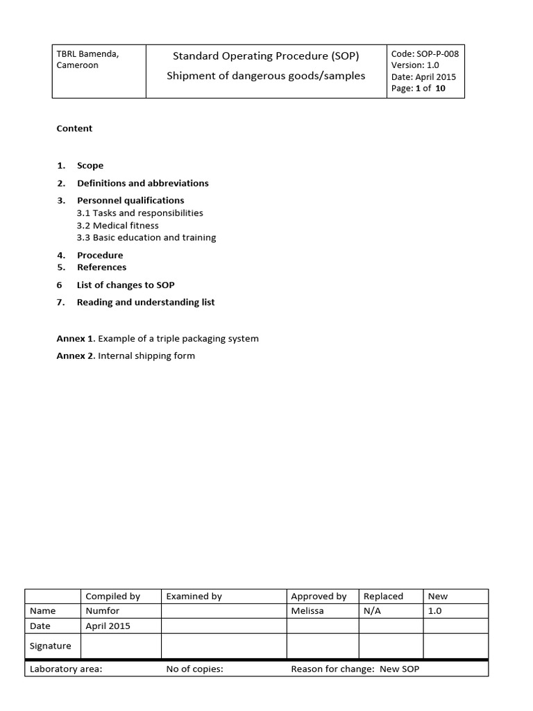 Shipment of Dangerous Goods-Samples SOP | PDF | Dangerous Goods ...
