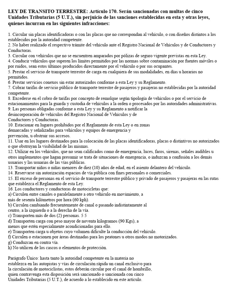 Ley de Transito Terrestre Articulo 170 | PDF | Transporte | Calle