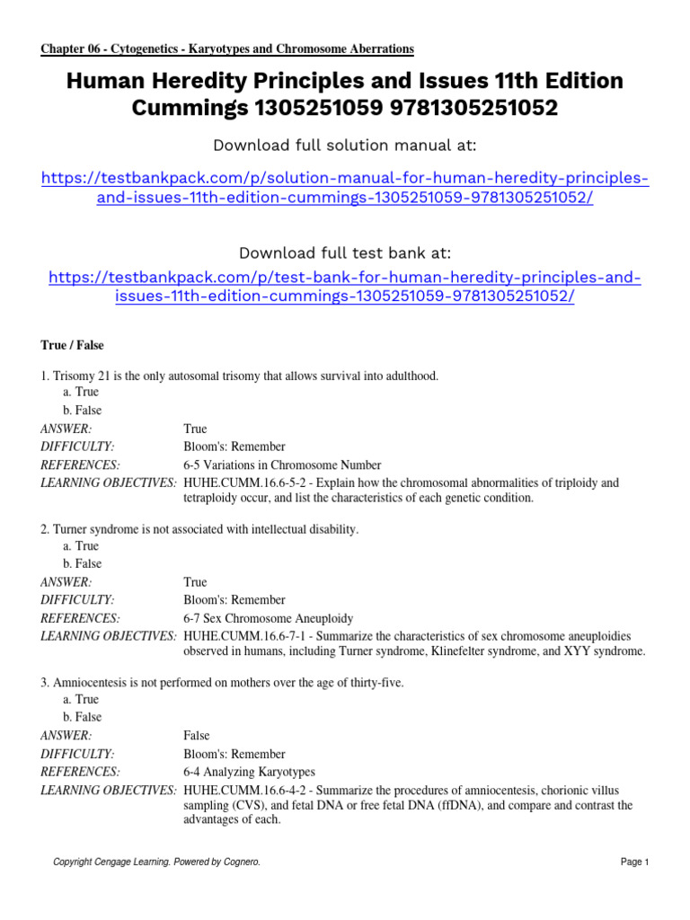 Human Heredity Principles and Issues 11th Edition Cummings Test Bank 1 ...