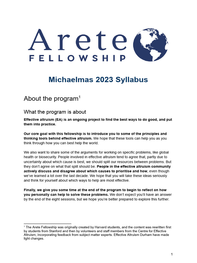 Arete Fellowship - Michaelmas 2023 Syllabus | PDF