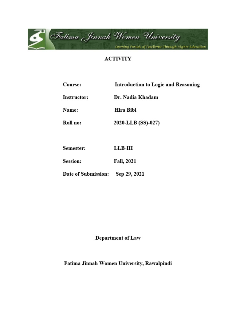 Assignment Intro To Logic and Reasoning Hira Khan | PDF | Deductive Reasoning | Argument