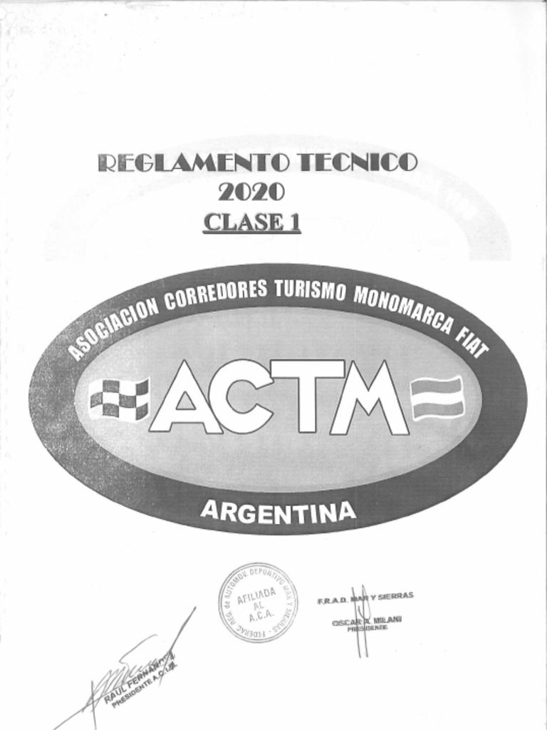 Reglamento Tecnico 2020 Clase 1 Asociacion Corredores Turismo Monomarca Fiat ACTM | PDF