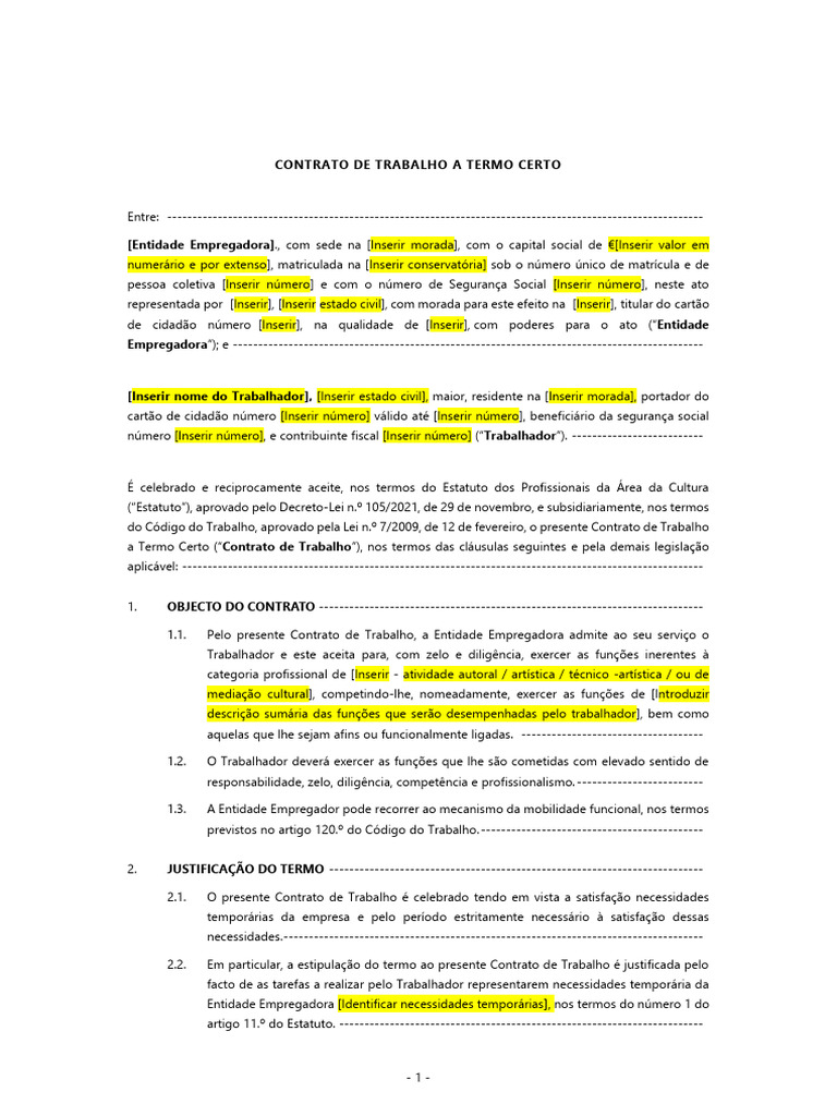Minuta Contrato Trabalho a termo certo | PDF | Férias trabalhistas | Sindicato