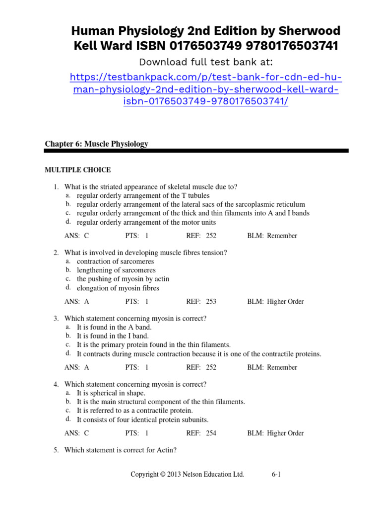 Human Physiology 2nd Edition Sherwood Test Bank 1 | PDF