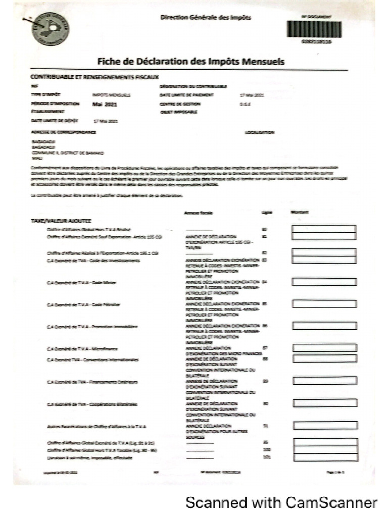 Formulaire de Declaration D'impot Mensuel | PDF