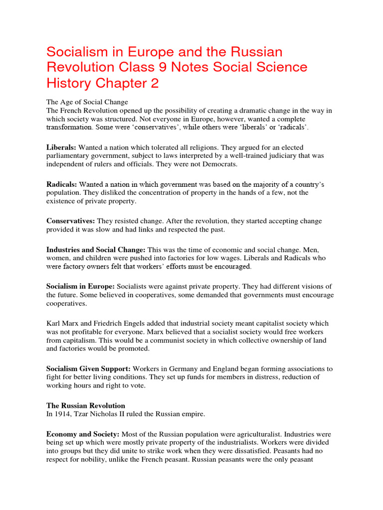 Socialism in Europe and The Russian Revolution Class 9 Notes Social ...