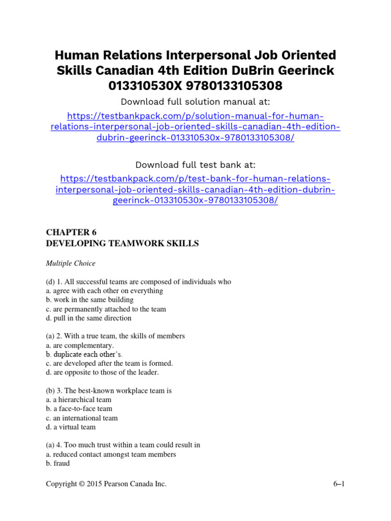 Human Relations Interpersonal Job Oriented Skills Canadian 4th Edition ...