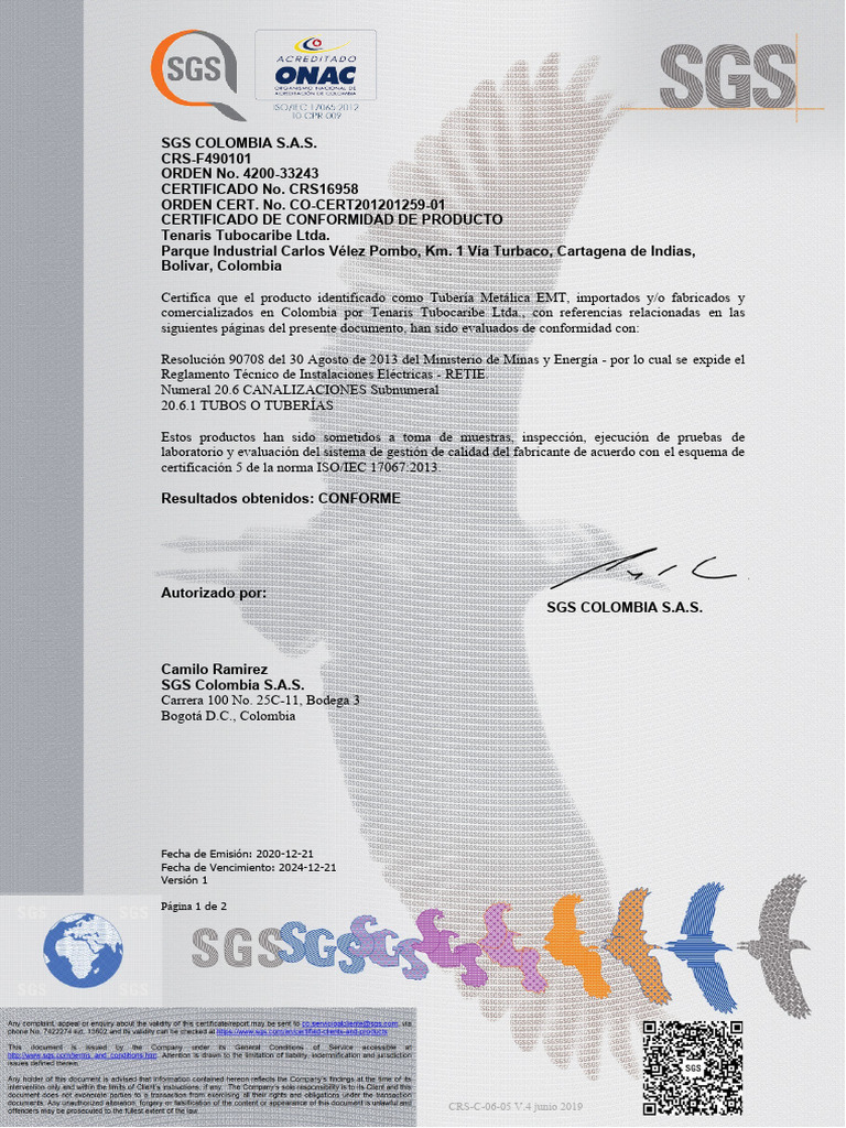 Certificado de Conformidad de Tubos o Tuberia Metalica Emt-Edi | PDF