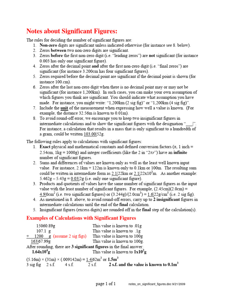 Notes On Significant Figures Pdf Significant Figures Mathematical Concepts