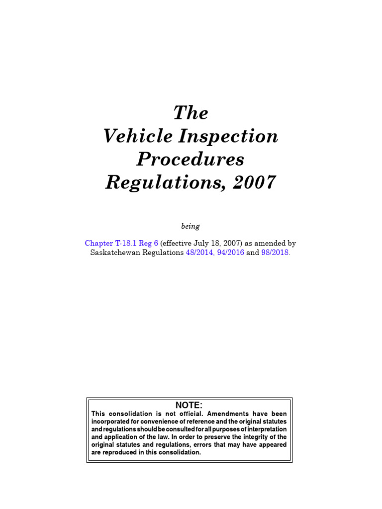 The Vehicle Inspection Procedures Regulations, 2007 | PDF