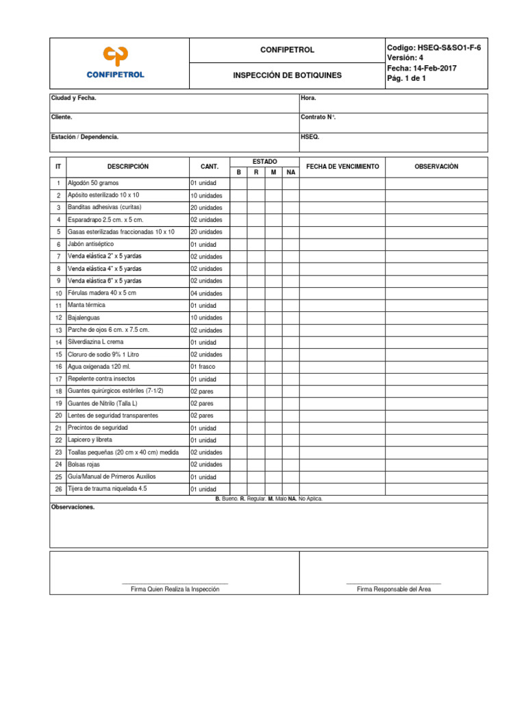 HSEQ-S&SO1-F-6 Inspeccion Botiquines V4 | PDF