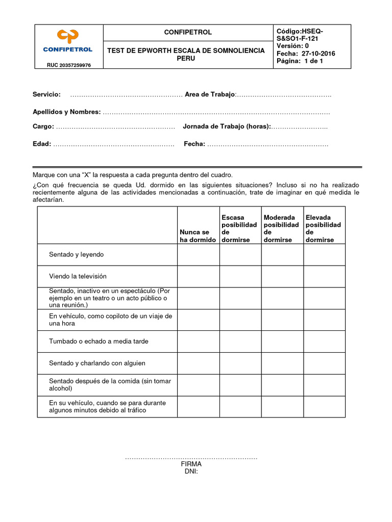 Test de Epworth: Escala de Somnolencia | PDF