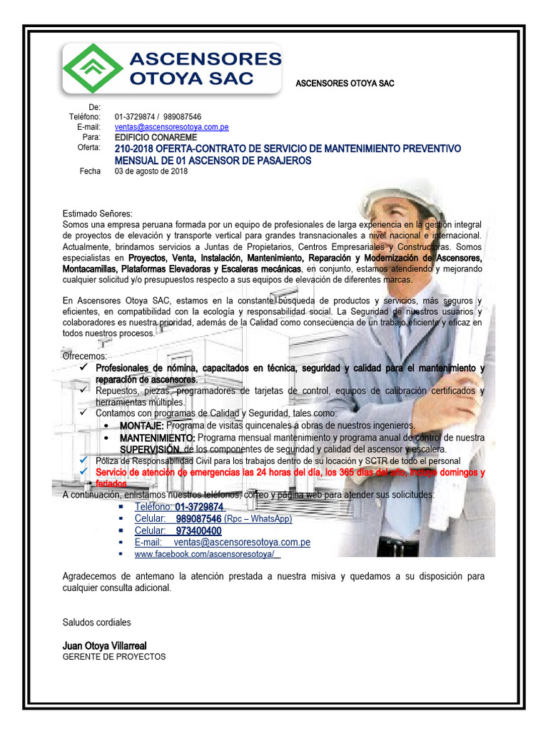 210-2018 Oferta-Contrato de Mantenimiento 01 Ascensor - Edificio Conareme. | PDF | Ascensor ...