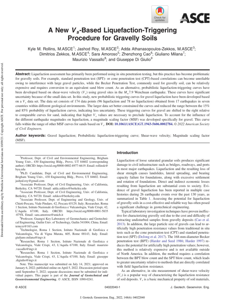 Rollins Et Al 2022 A New Vs Based Liquefaction Triggering Procedure For Gravelly Soils | PDF ...