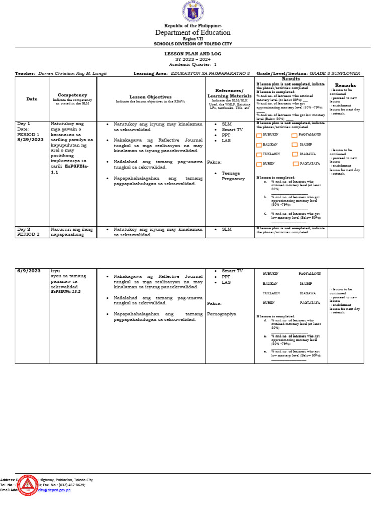 SDO Toledo Lesson Plan and Log Landscape v2 | PDF | Cognition ...