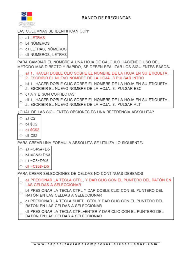 Banco de Preguntas Excel Setec 2020 | PDF | Microsoft Excel | Hoja de cálculo