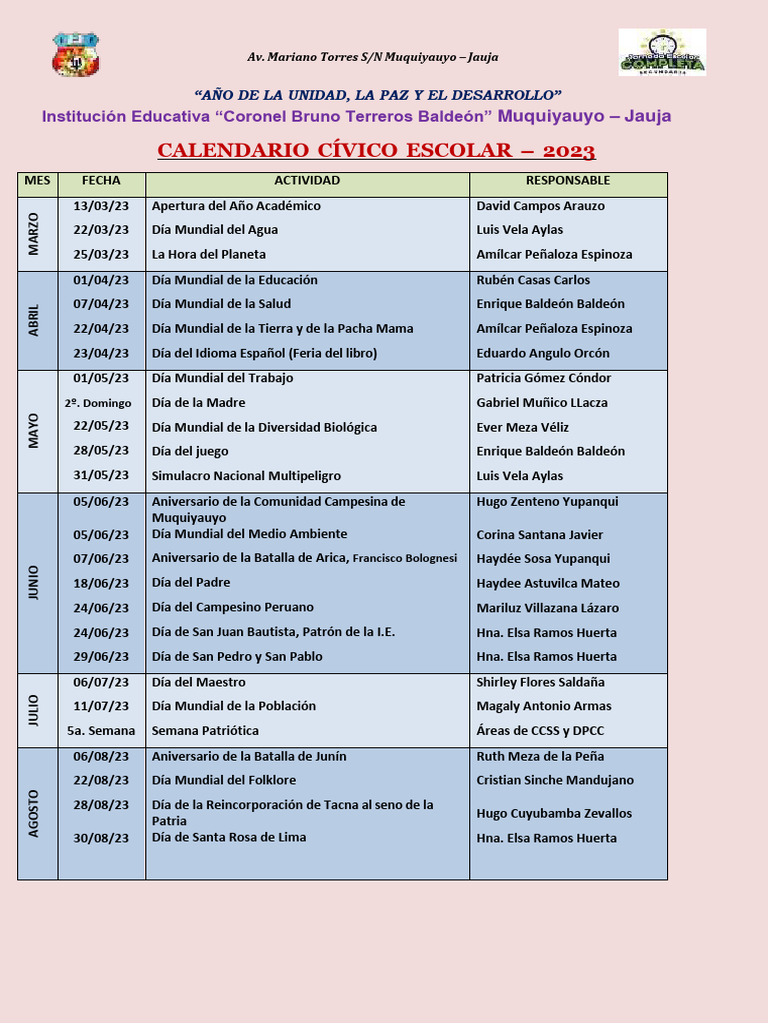 Calendario Cívico Escolar 2023 BTB | PDF