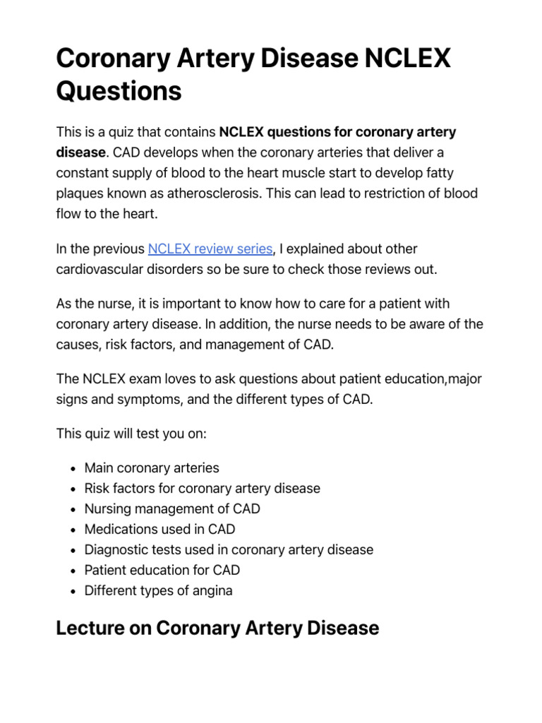 Coronary Artery Disease NCLEX Questions | PDF
