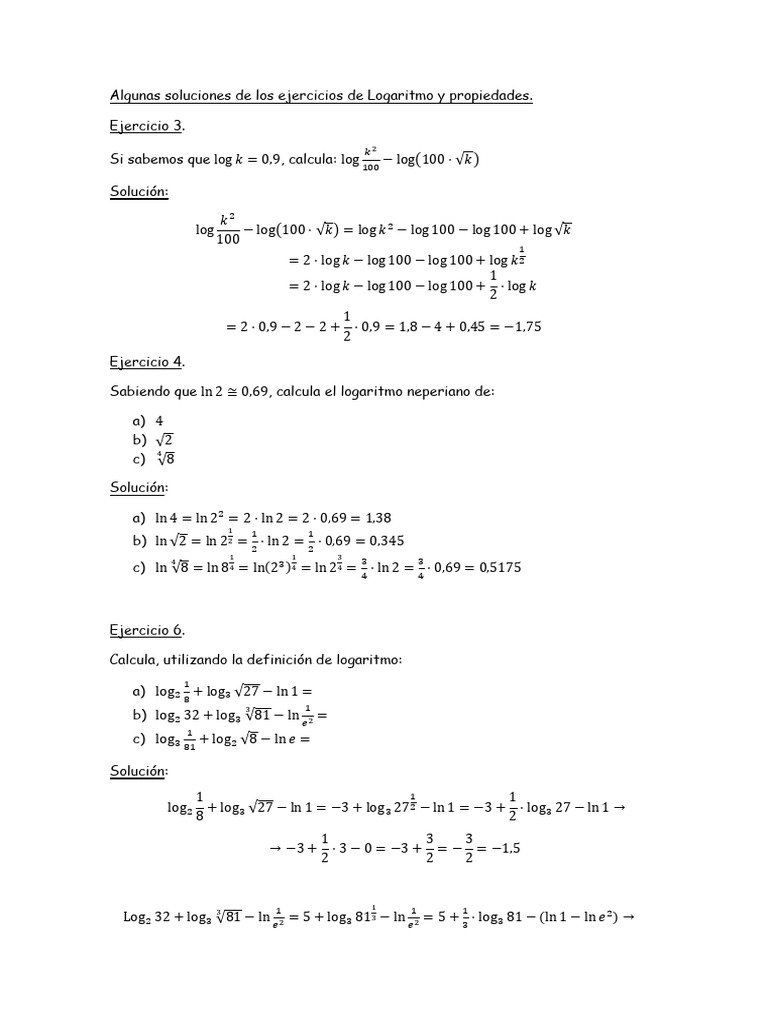 Algunas Soluciones de Los Ejercicios de Logaritmo y Propiedades | PDF