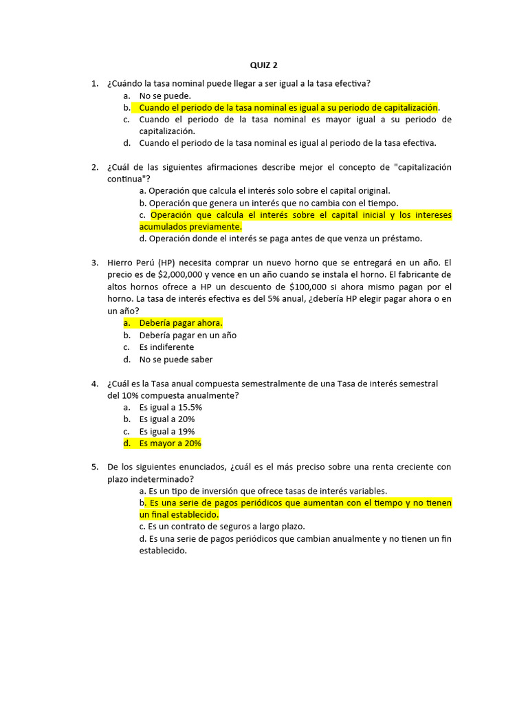 Preguntas de Quiz sobre Tasa de Interés y Capitalización | PDF ...