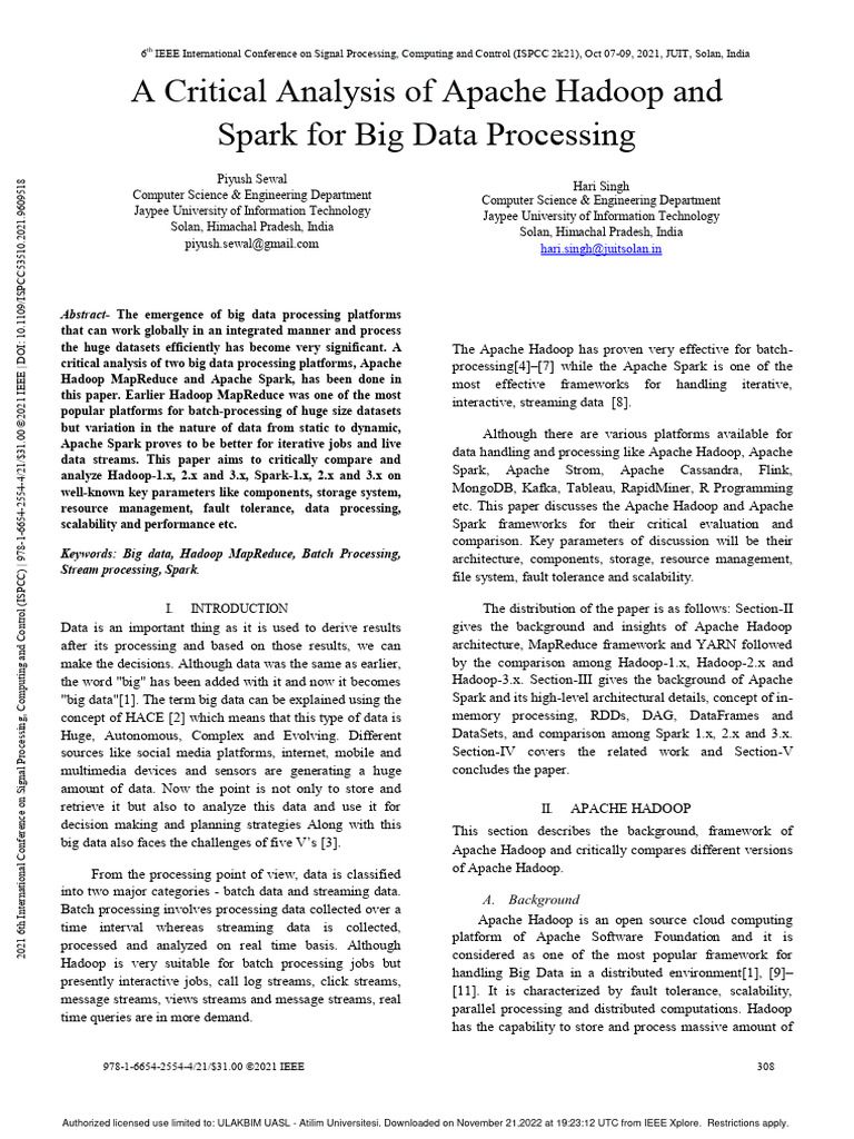 A Critical Analysis of Apache Hadoop and Spark For Big Data Processing | PDF | Apache Spark ...