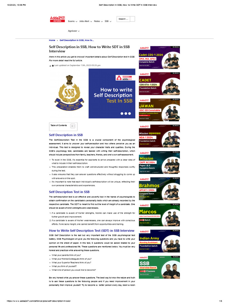 Self Description in SSB, How To Write SDT in SSB Interview | PDF