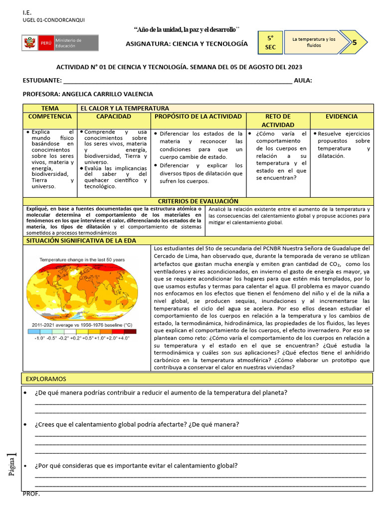 5° SEC. EDA 5 SEMANA 1 CYT Explica 2023 El Calor y La Temperatura | PDF | Calor | Celsius