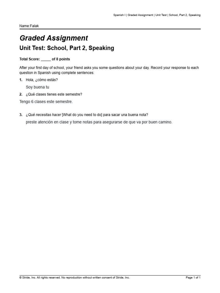 Unit Test - School, Part 2, Speaking | PDF