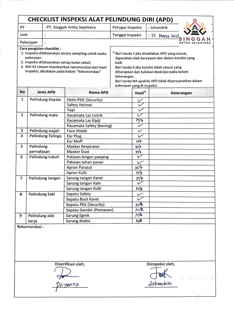 Checklist Inspeksi APD | PDF