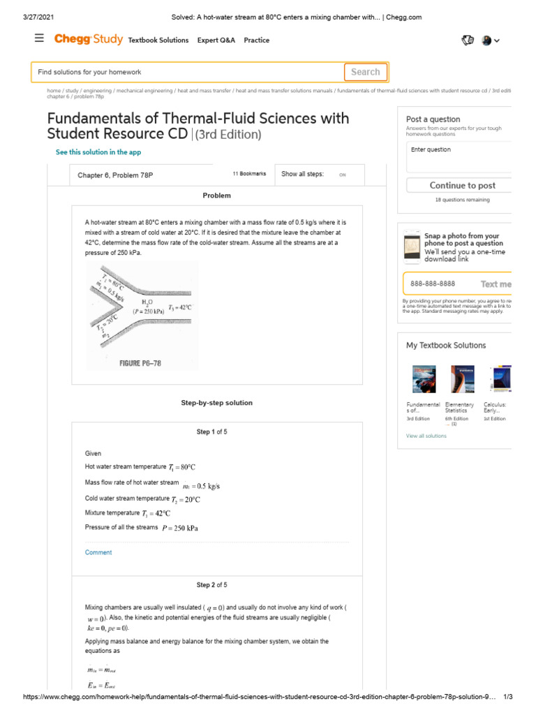 Solved A Hot Water Stream at 80°C Enters A Mixing Chamber With Chegg | PDF | Heat | Continuum ...