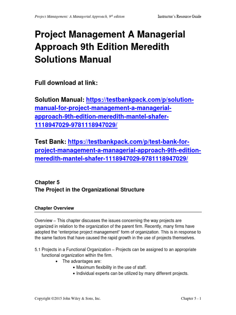 Project Management A Managerial Approach 9th Edition Meredith Solutions ...