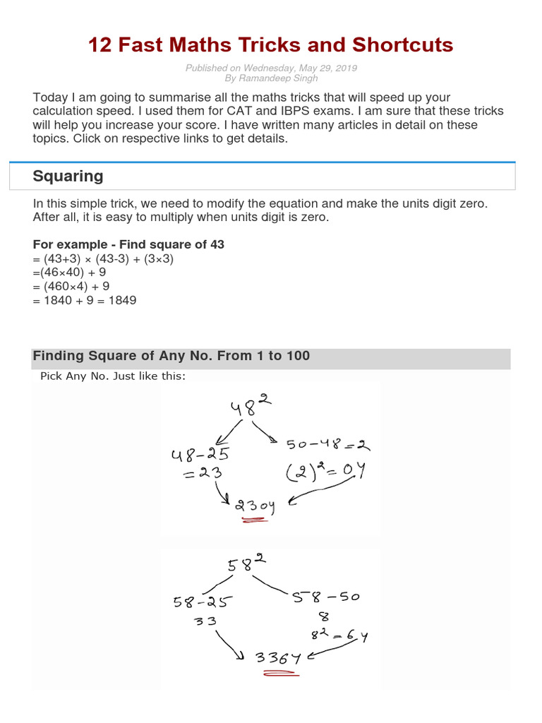12 Fast Maths Tricks and Shortcuts | Download Free PDF | Multiplication ...