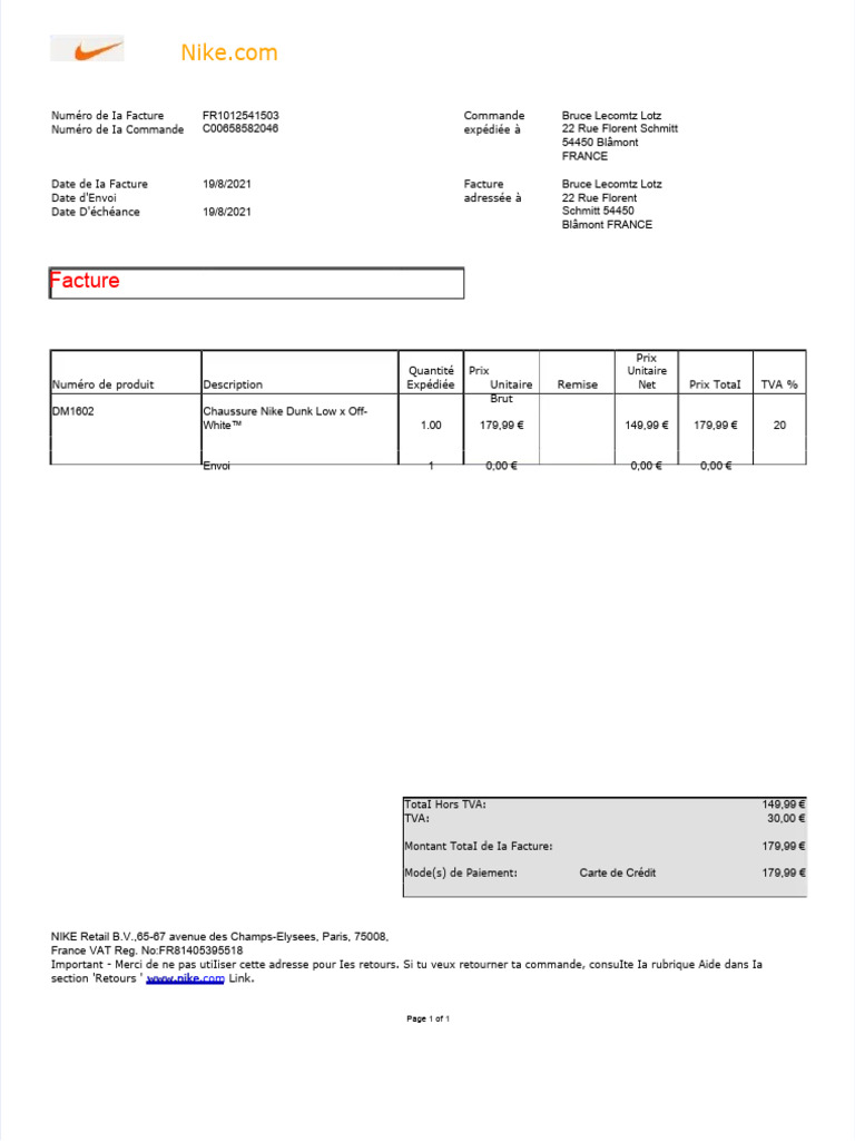 PDF Facture Nike | PDF